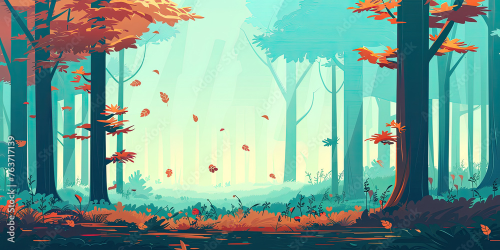 Cartoon forest background, anime style trees backdrop design graphic ...