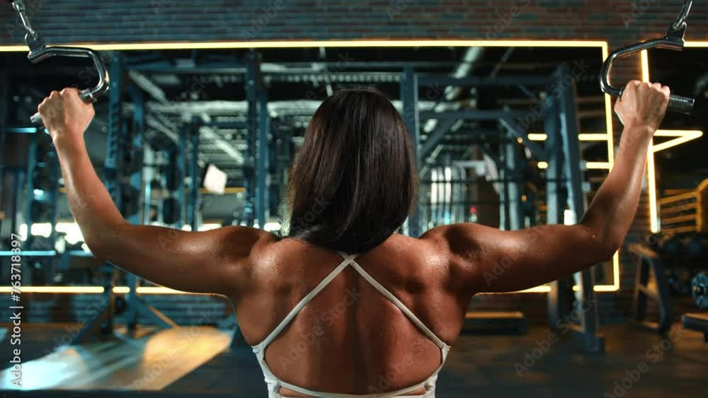 In a close-up, a female athlete's back muscles ripple with effort as ...