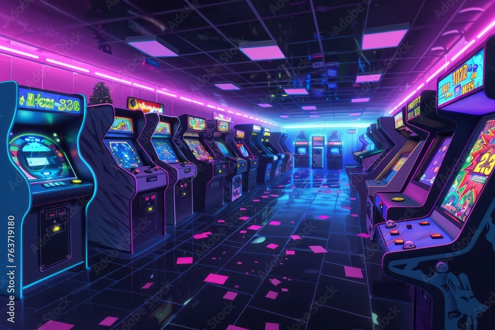 A retro-cool wallpaper design depicting an 80s-inspired arcade, with ...