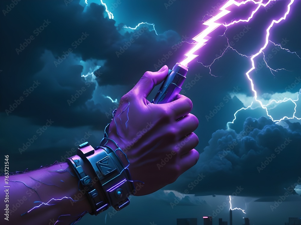 Hand holding up a lightning bolt. Energy and power. Stormy background ...