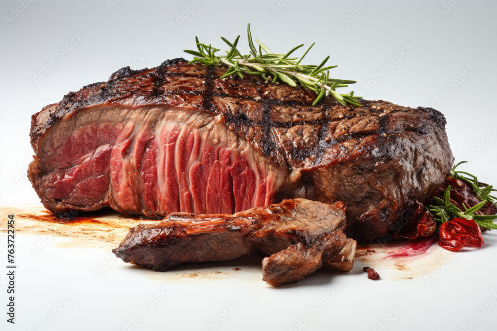 one large grilled steak with a piece of roast cut in half and red on ...