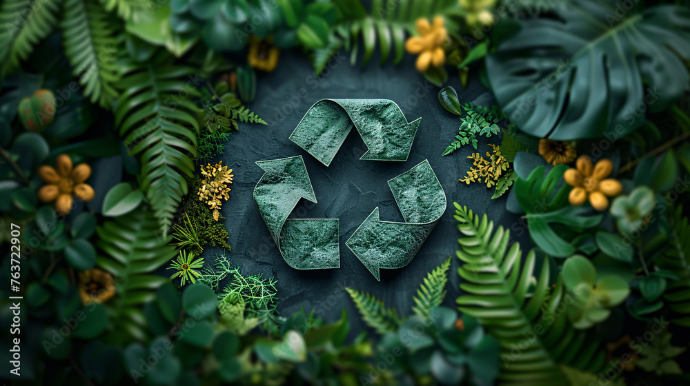 Recycle symbol on green background with recycle bin. Concept ...