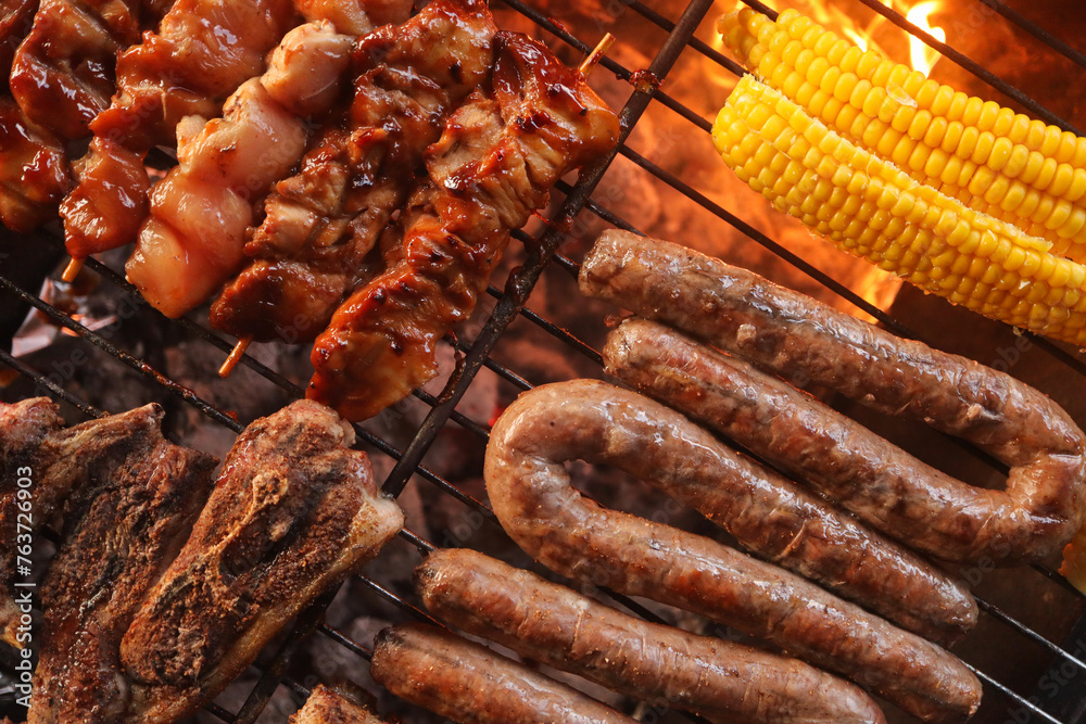 South African braai including Boerewors sausage, chicken kebabs and ...