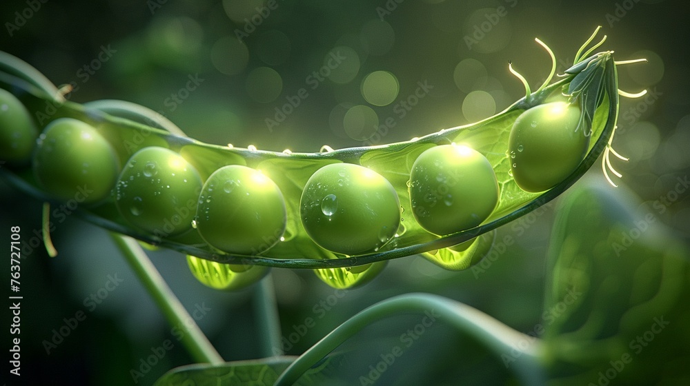Photorealistic render of a pea pod opening, with each pea transforming ...