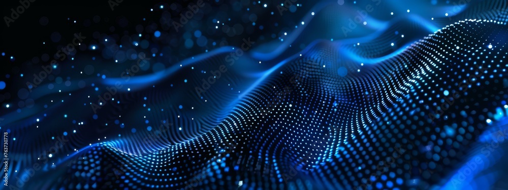 Digital dot matrix: Blue particles forming a sinuous wave across a deep ...