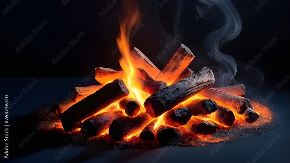 3- D , Glowing embers rising from a hidden fire source, casting warm ...
