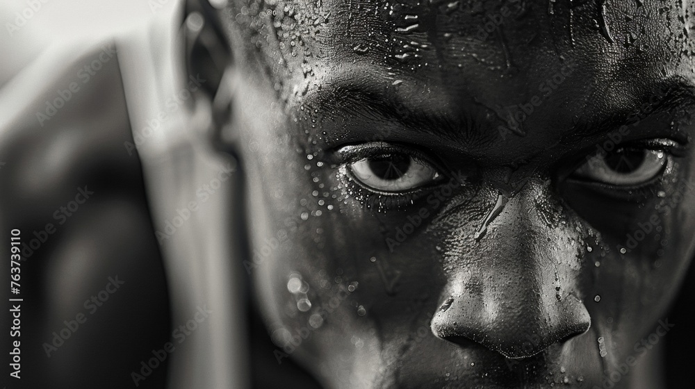 Sweat beads glistening on the forehead of a sprinter as they grip the ...