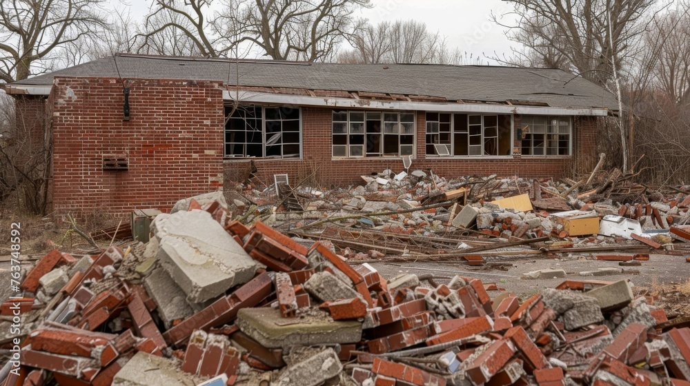 A demolished school building its walls ripped apart and roof caved in a ...