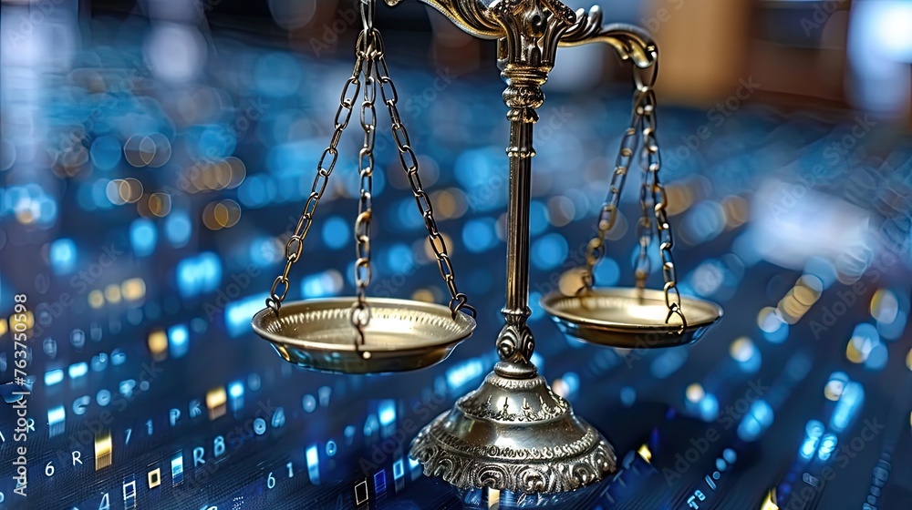 Blue law scales on background of data center. Digital law concept of ...