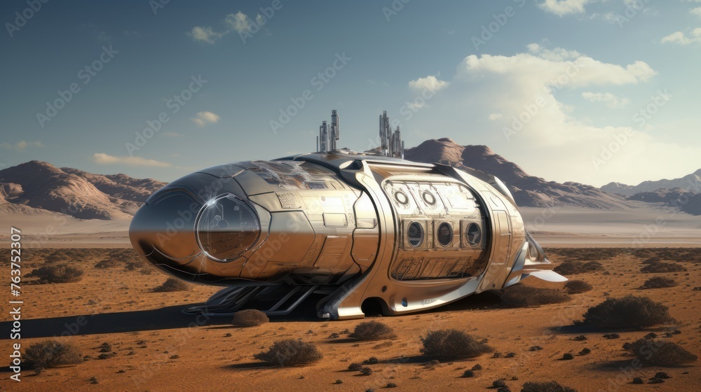 Futuristic spaceship. It has a domed top and a more rectangular bottom ...
