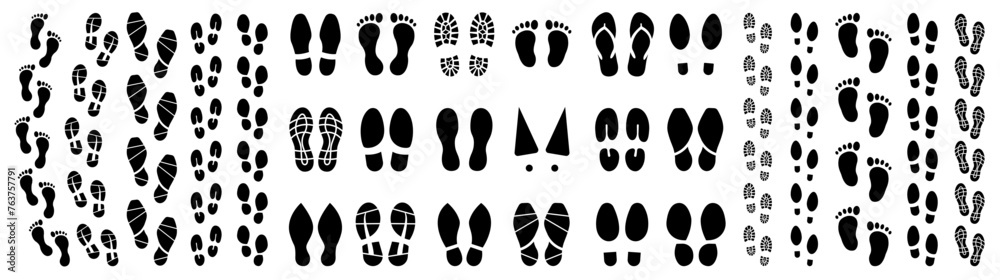 Vetor de Different human footprints big icon set. Foot imprint ...