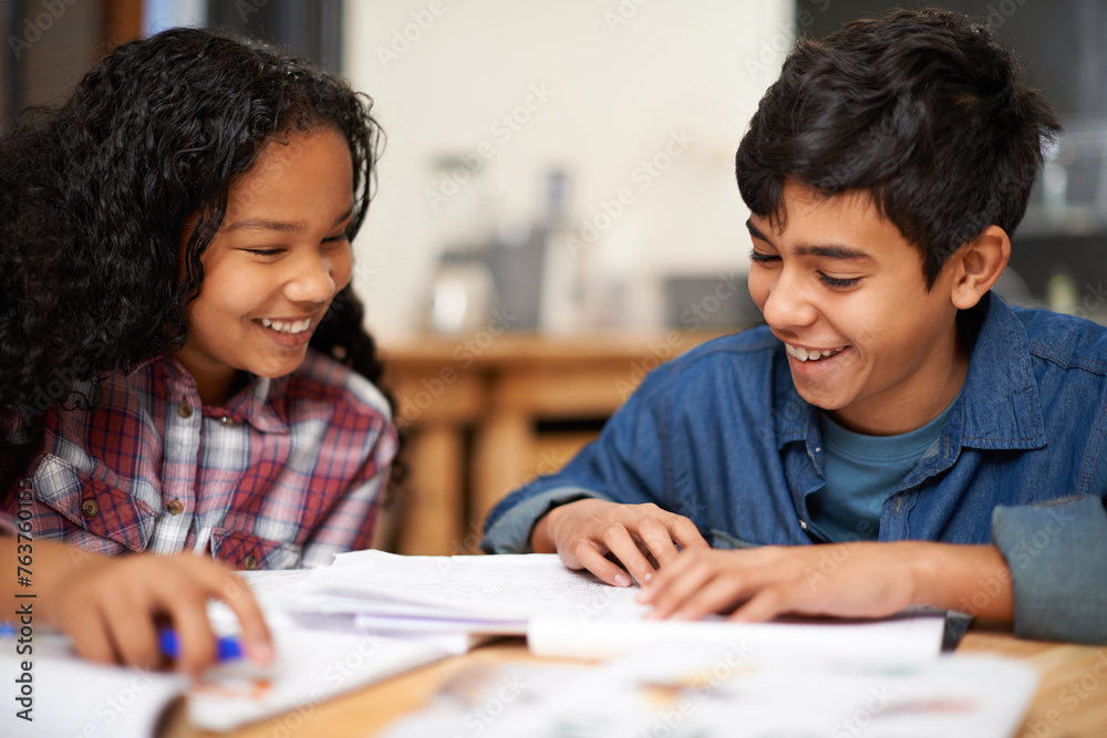 Children, homework and classroom teamwork for education assignment ...