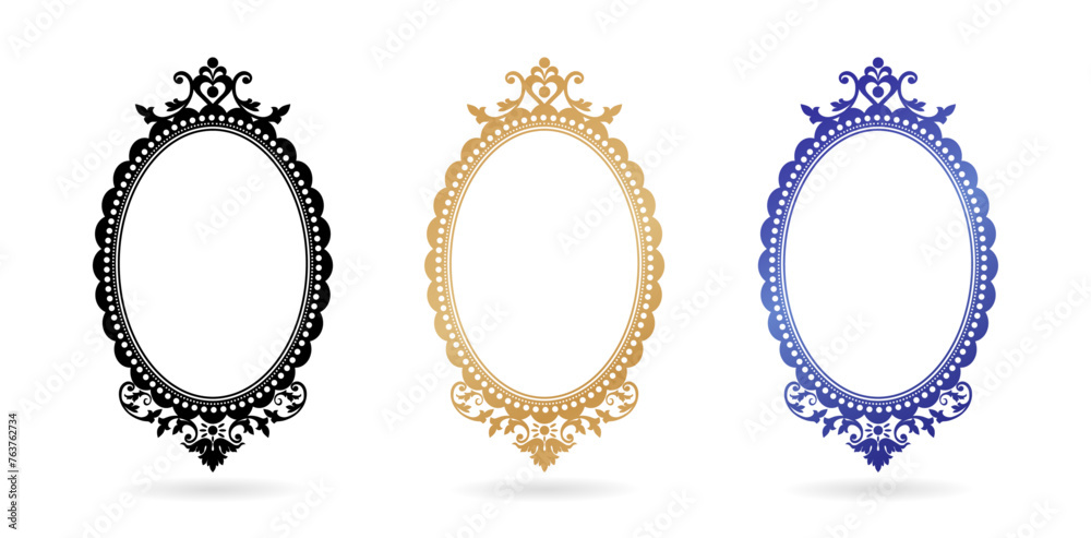 three set of vintage frame oval with ornate designs on a isolated white ...