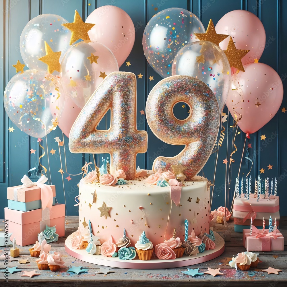 Vector Illustration of a Number 49th Birthday Balloon Celebration Cake ...