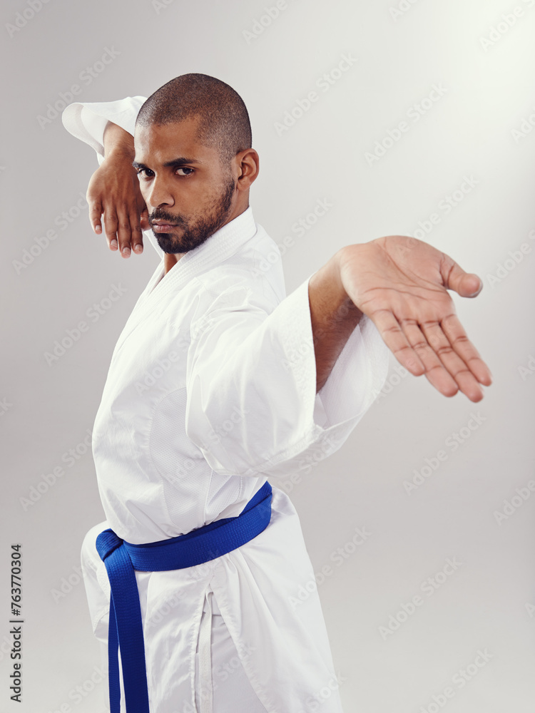 Studio, karate and black man with technique for martial arts with hand ...
