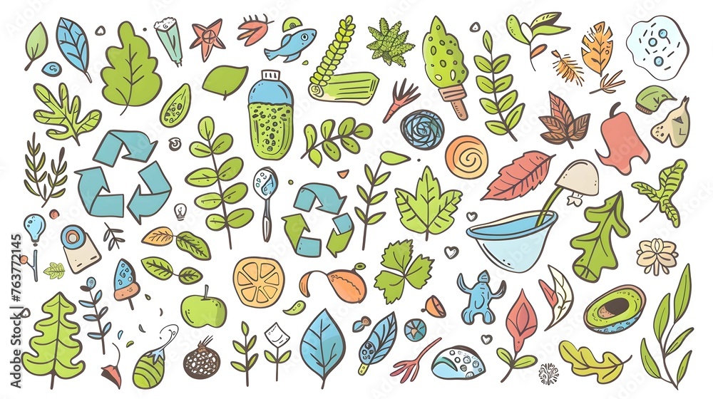 Set of environment doodles, ecological sustainability cartoon elements ...
