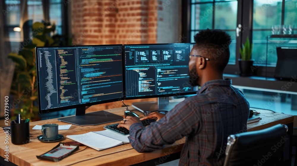 A focused software developer codes on a dual monitor setup in a modern ...