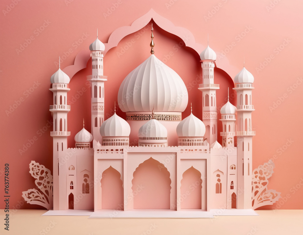 cute pink color mosque and moon miniature papercraft ramadan, eid ...