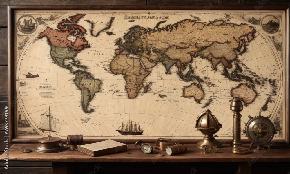 A detailed old-world map is displayed with a collection of vintage ...
