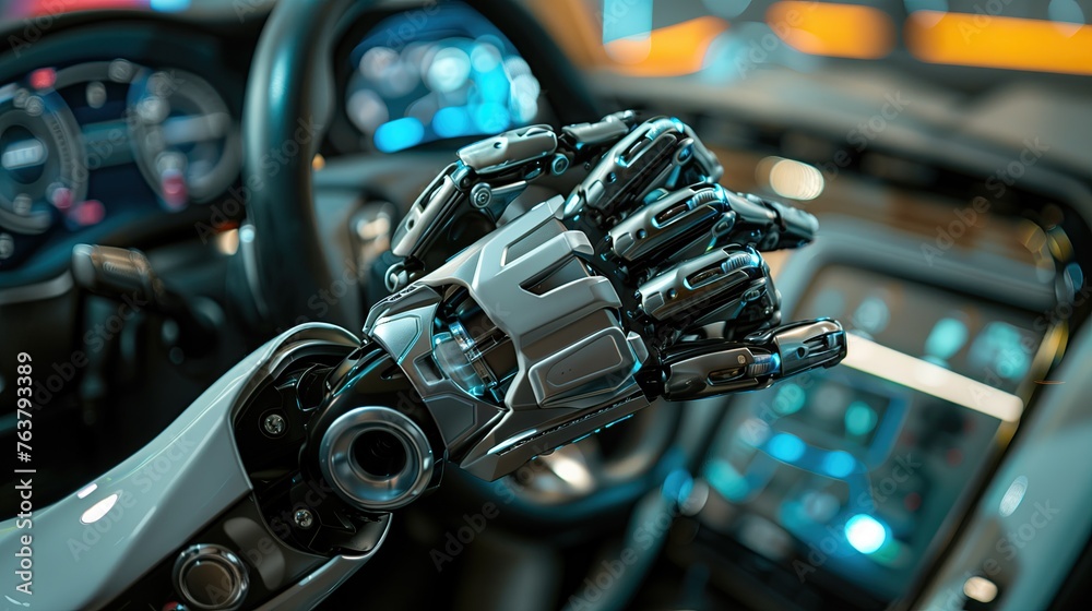 The hand of an artificial intelligence robot is in a car, driving the ...