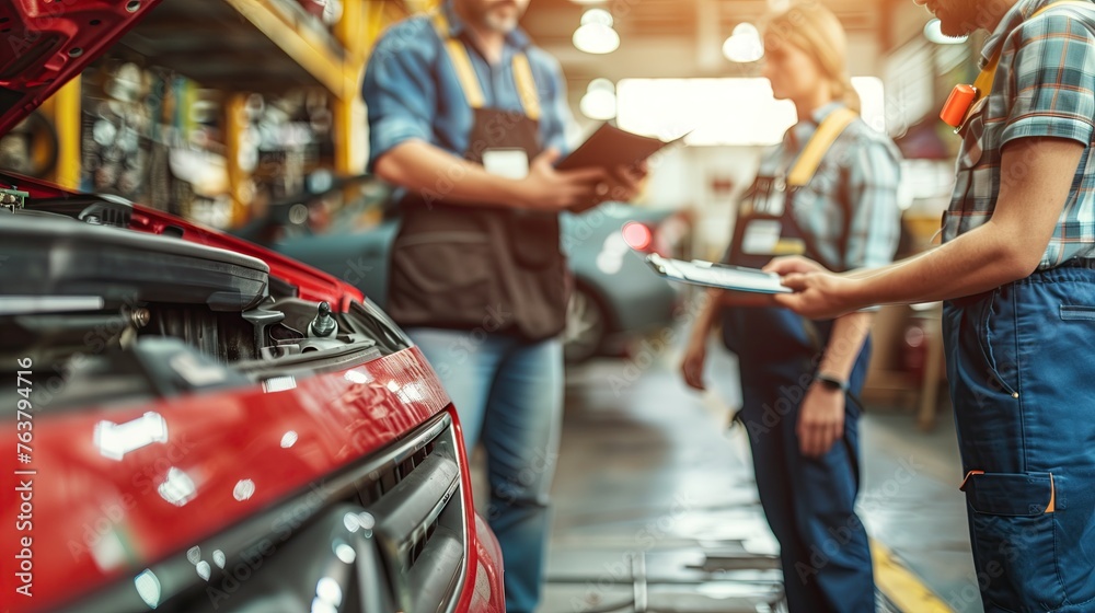 The mechanic shows the vehicle inspection to the customer with an ...