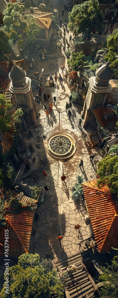 Design a dynamic aerial view showcasing key moments in the lives of ...