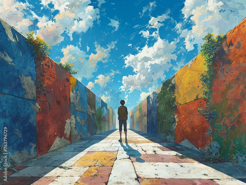 Illustrate a scene of a person standing at the intersection of multiple ...