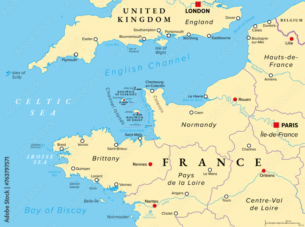 Northern France, political map. Coastline of France and United Kingdom ...