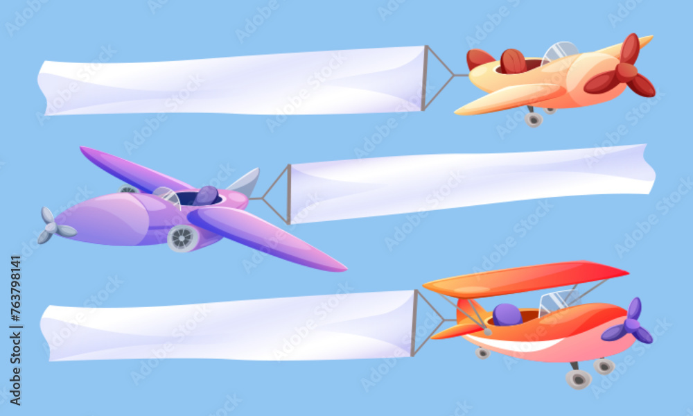 Cartoon sky plane banner with ribbon for message in air. Vintage ...