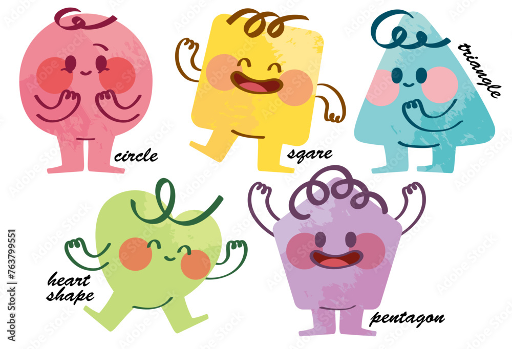 Variety of colorful geometric shapes with facial expression. Abstract ...