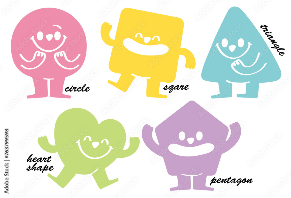 Variety of colorful geometric shapes with facial expression. Abstract ...