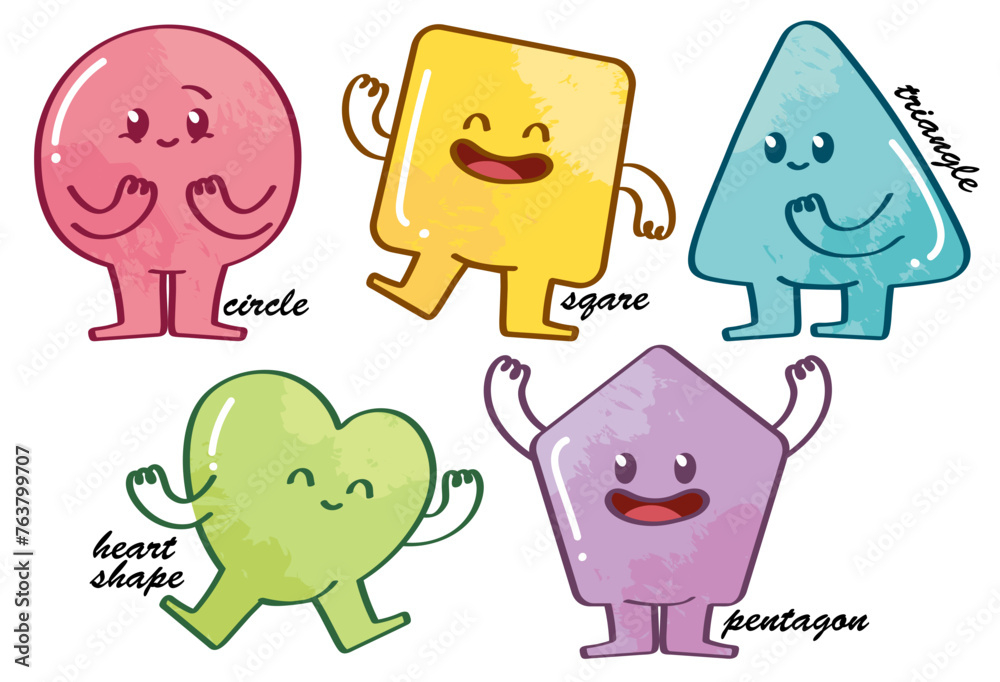 Variety of colorful geometric shapes with facial expression. Abstract ...