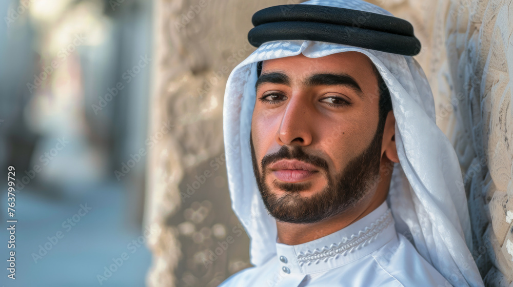 Portrait of Arabic man wearing traditional white Shemagh gown with ...
