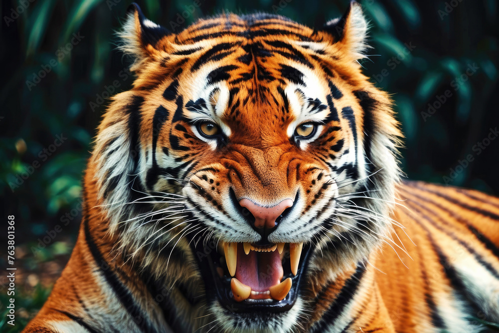 close-up portrait of tiger with wide toothy grin looking at camera ...
