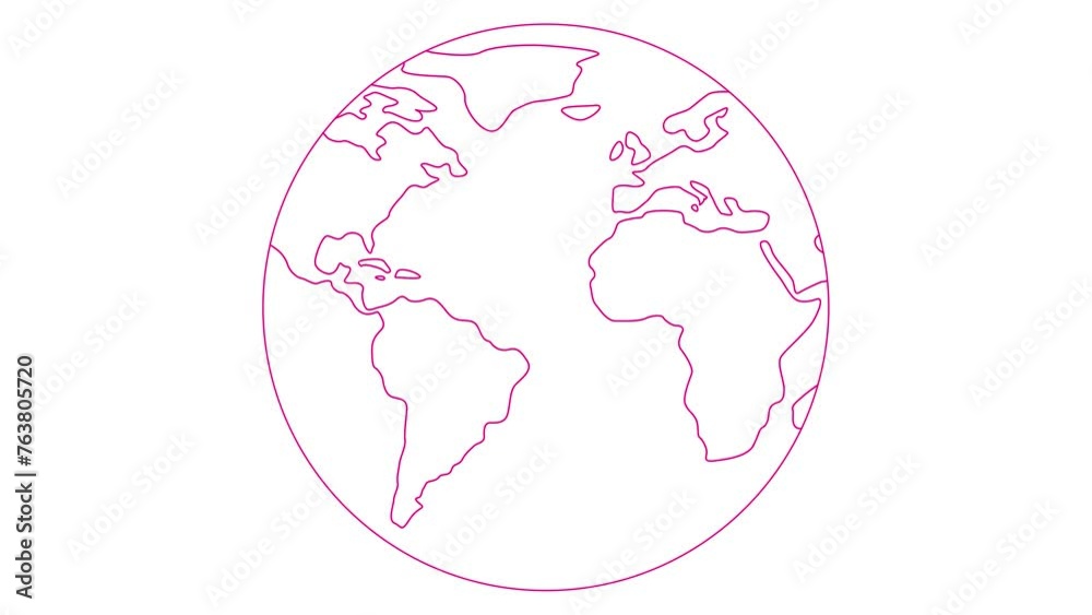 Animated linear pink symbol globe is drawn. Gradual drawing a magenta ...