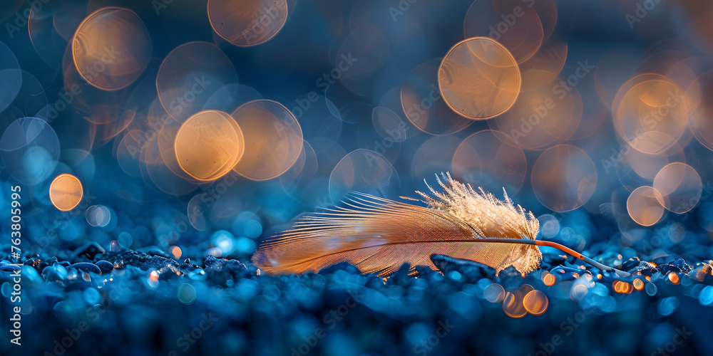Feather of a bird on blue sparkles and blue broken lights background ...