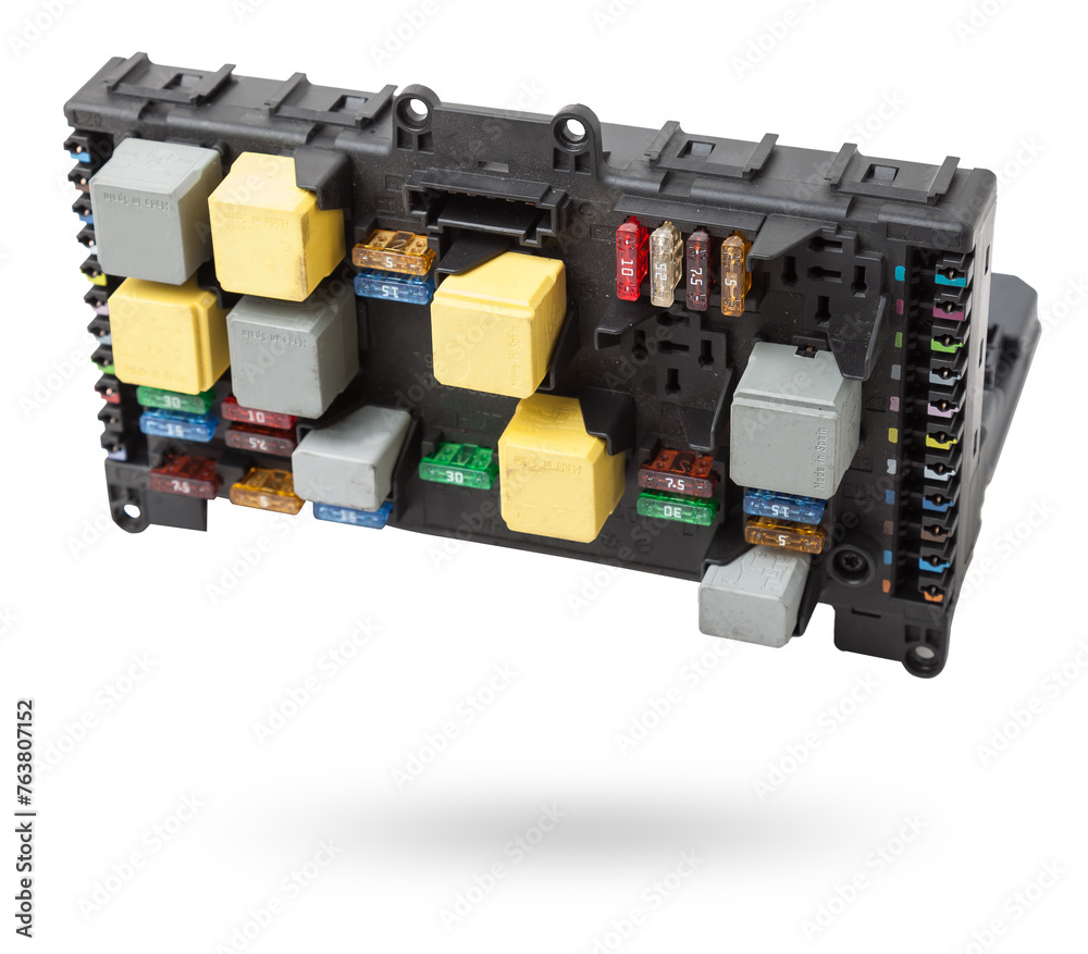 Metallic car engine control unit with plastic elements soaring on a ...