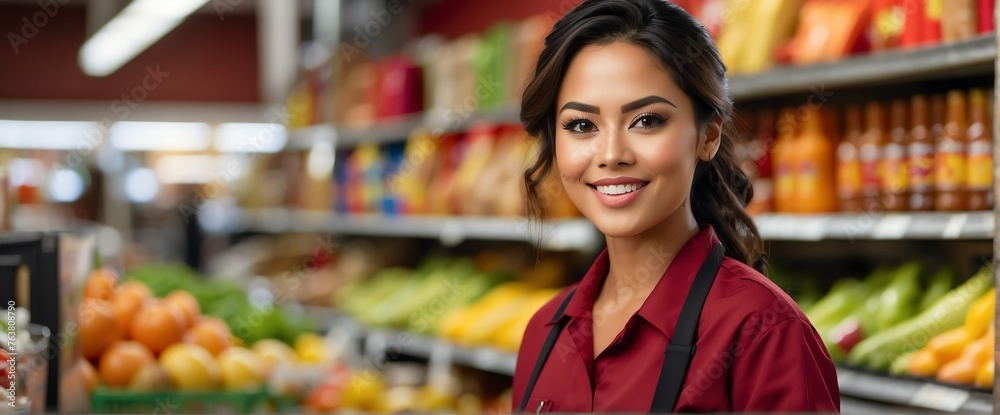 Female filipino grocery supermarket clerk worker employee on foods ...