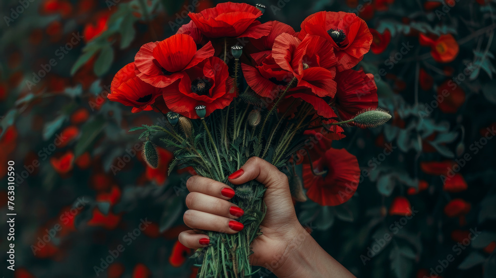 Beautiful woman hands holding a bouquet of red poppy flowers background ...