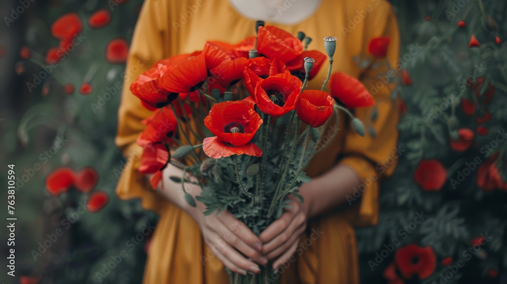 Beautiful woman hands holding a bouquet of red poppy flowers background ...
