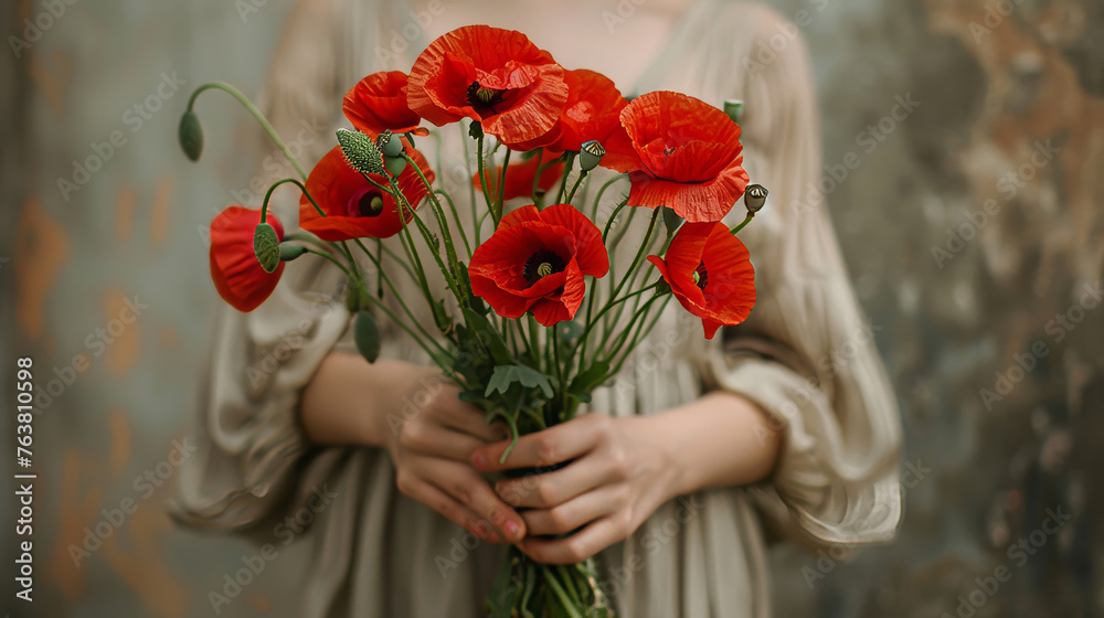 Beautiful woman hands holding a bouquet of red poppy flowers background ...