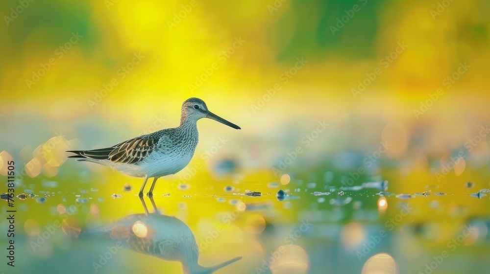 Water bird and nature background. Green, yellow lake background. Water ...