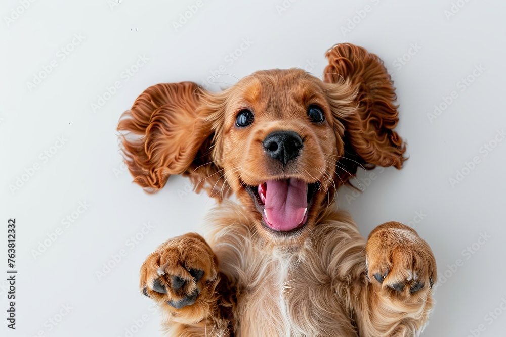 Cocker spaniel puppy is lying down and holding its paws up to the ...