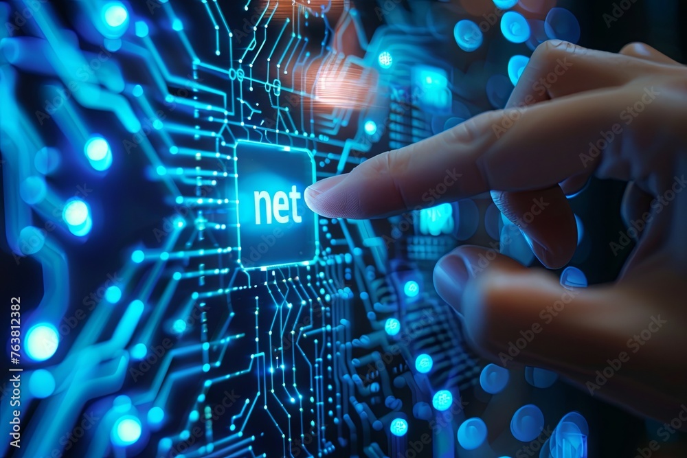 Finger about to press on a blue button with text "Net", surrounded by ...
