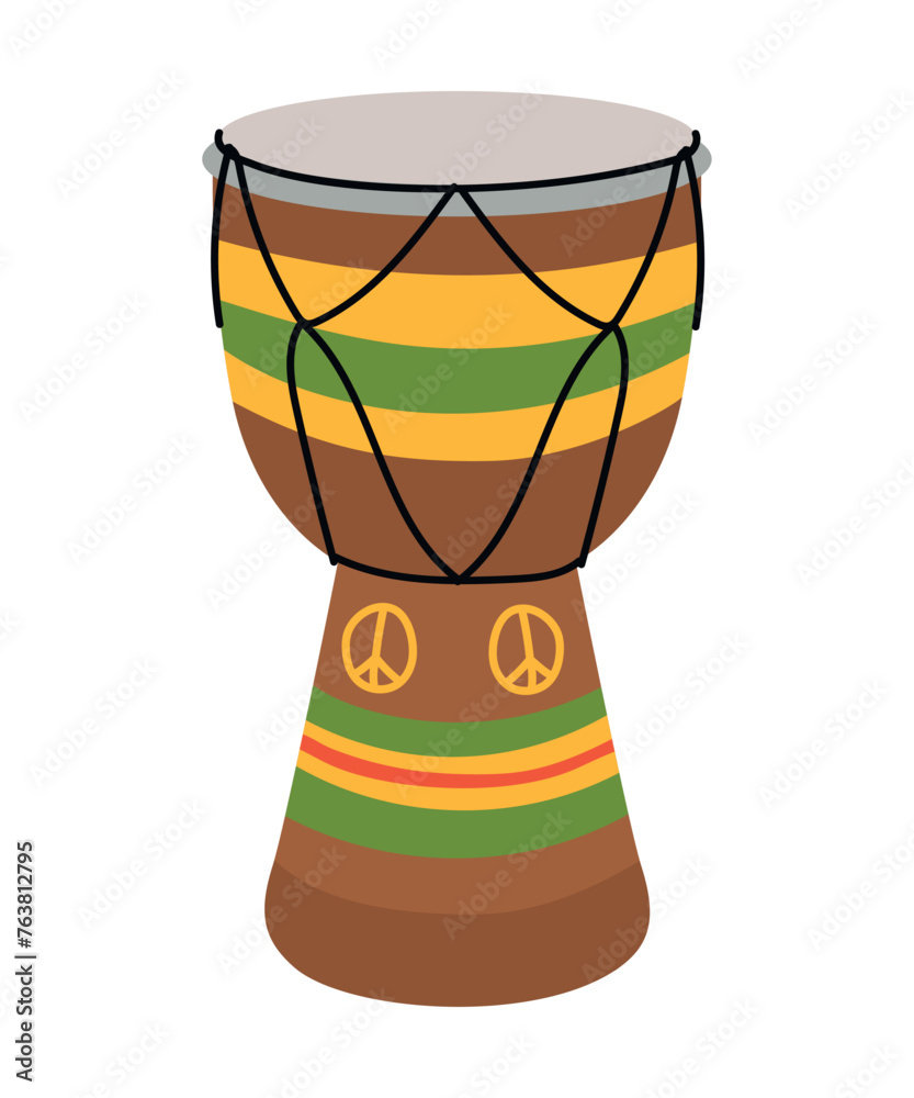 Tomtom drum made of brown wood with a peace sign. Djembe drum African ...