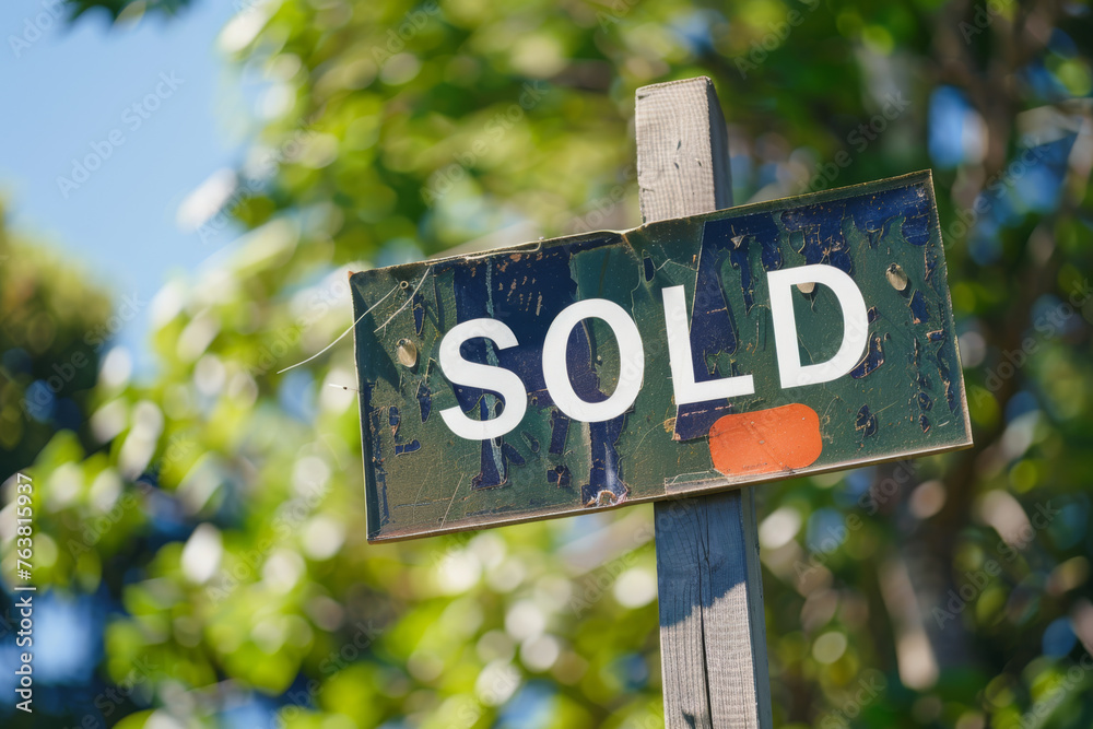 Close-up of a sign with the text "SOLD" on the green lawn in front of a ...
