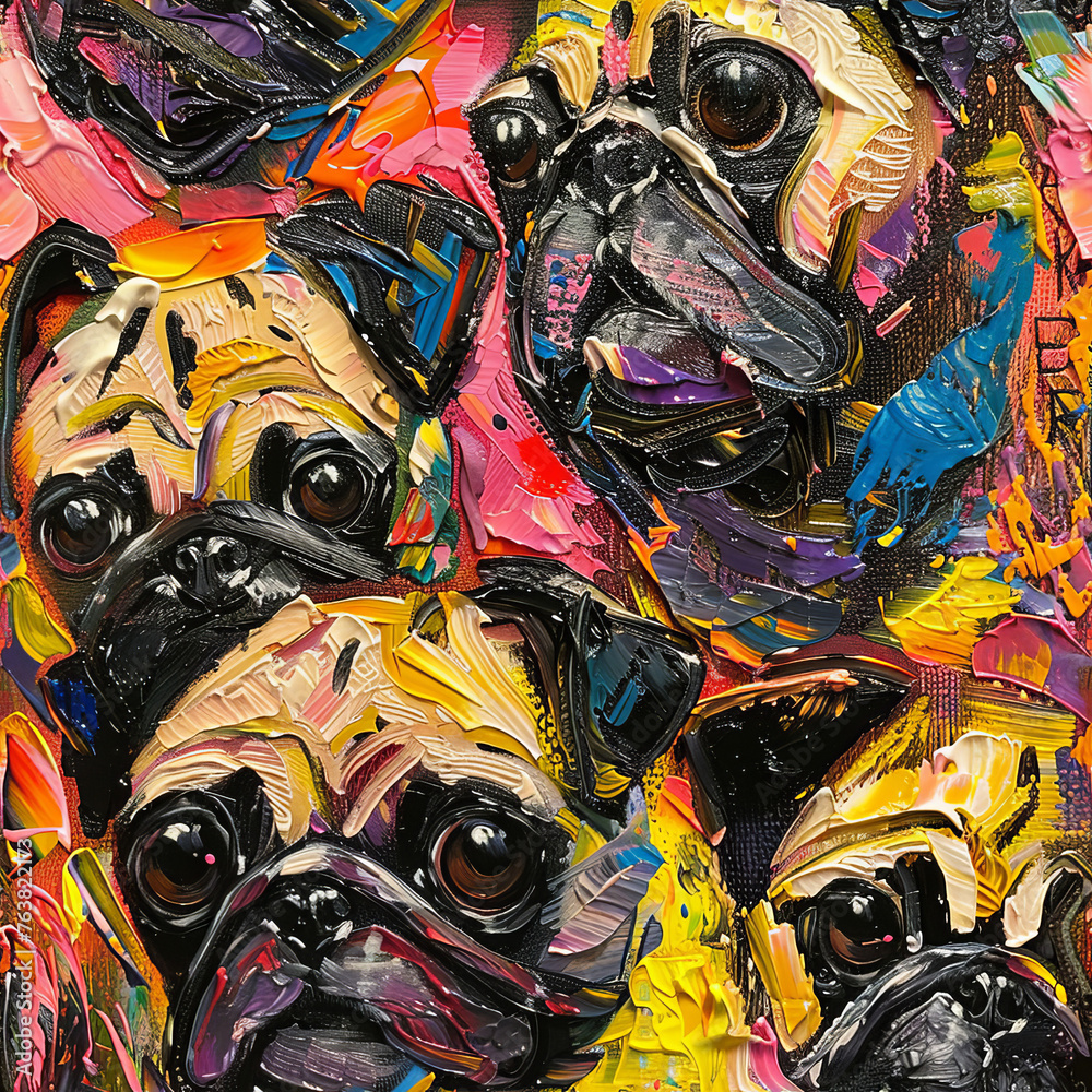 Seamless pattern modern art pug dogs funny cute adorable faces bright ...