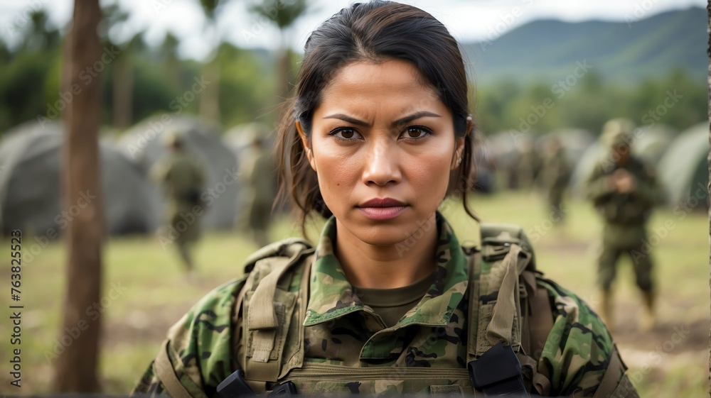 Portrait of philippines female military soldier in camouflage uniform ...