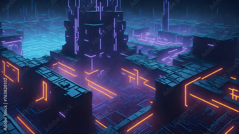 A sprawling neon-lit labyrinth resembling a fortress, with intricate ...