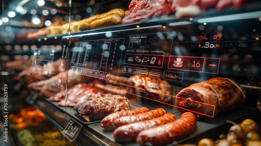 Smart Butcher Shop Display with Interactive Digital Screens and Various ...